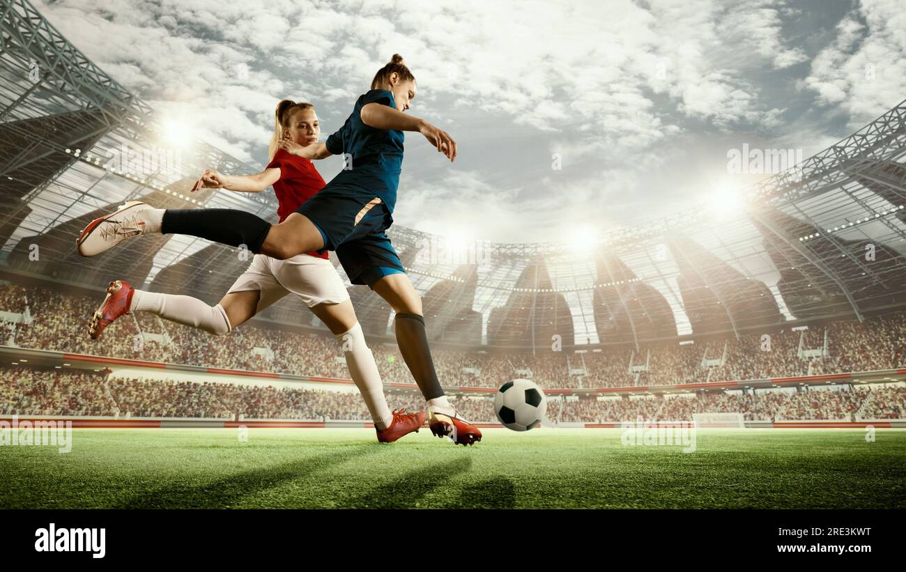 Dynamic image of two women, athletes, football players in motion during ...