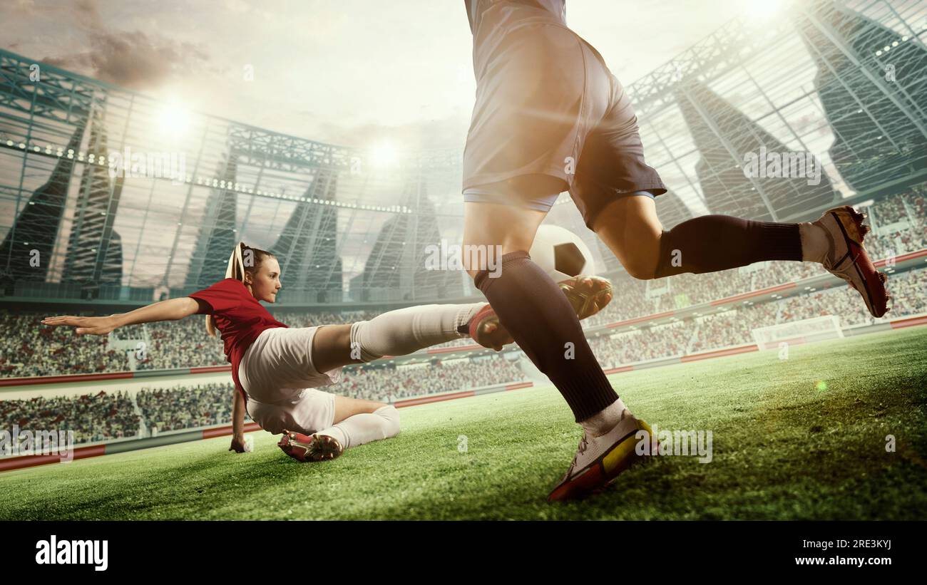 Dynamic image of female football players in motion during match, game ...