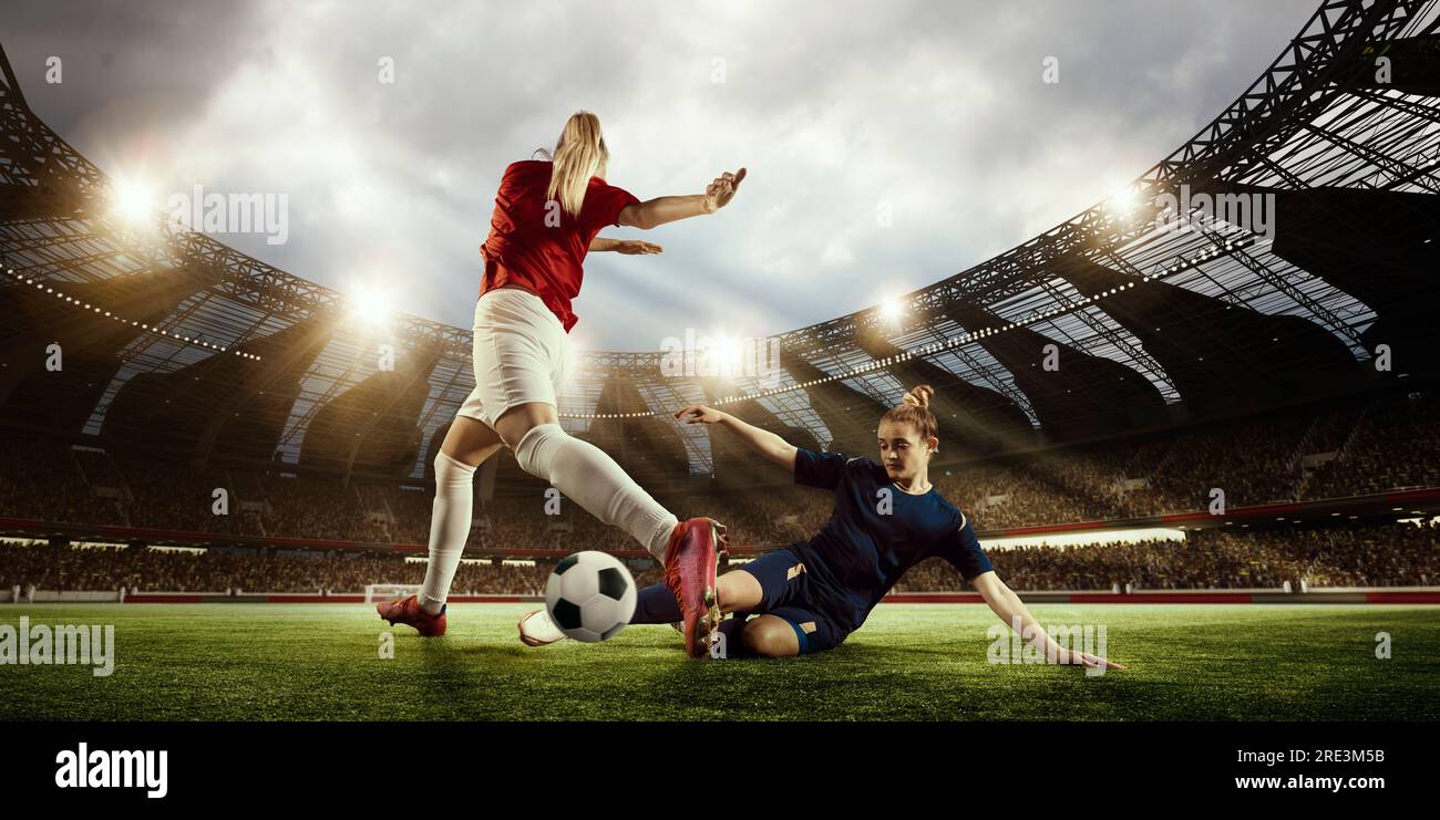 WOrld football cup. Two women, professional football players competing ...