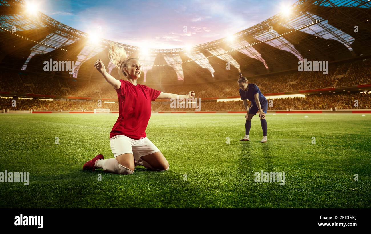 Win and lose. Two women, football player after match feeling happy and ...