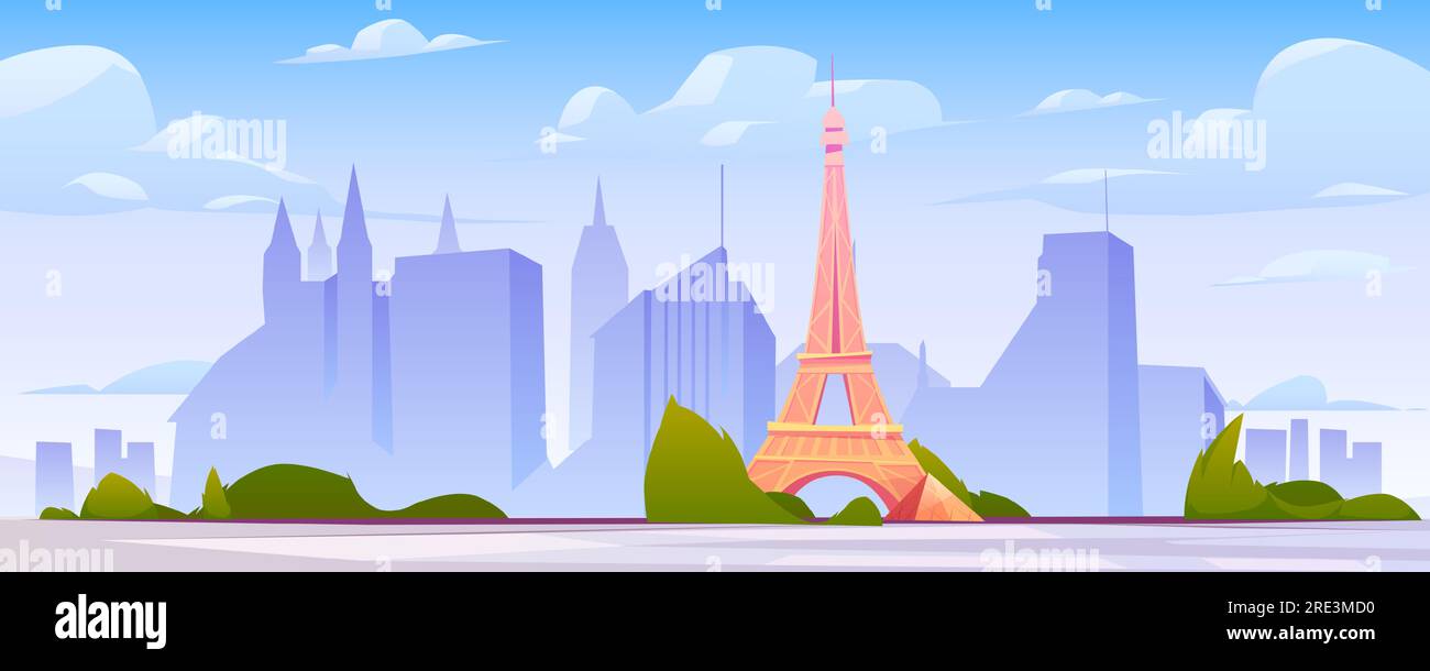 Paris urban landscape vector cartoon illustration with famous landmark ...