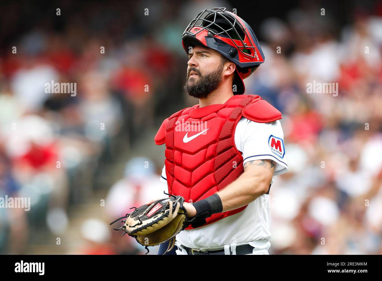 Cleveland Guardians catcher Cam Gallagher (35) looks on during a MLB ...