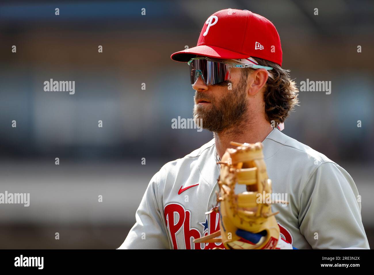 Philadelphia Phillies first basemen Bryce Harper (3) looks on during a ...