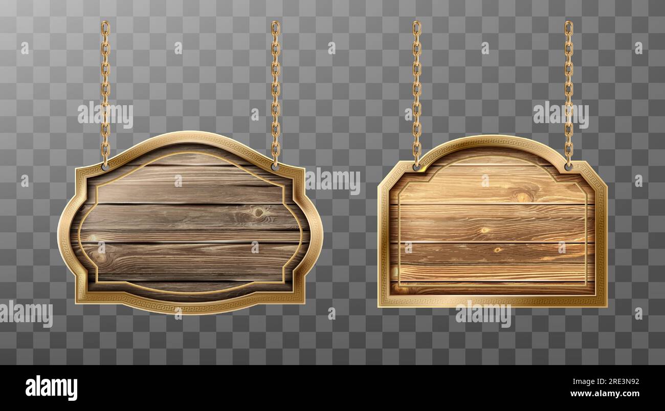 Wooden boards metal frame hang on ropes set. Realistic signboards with ...