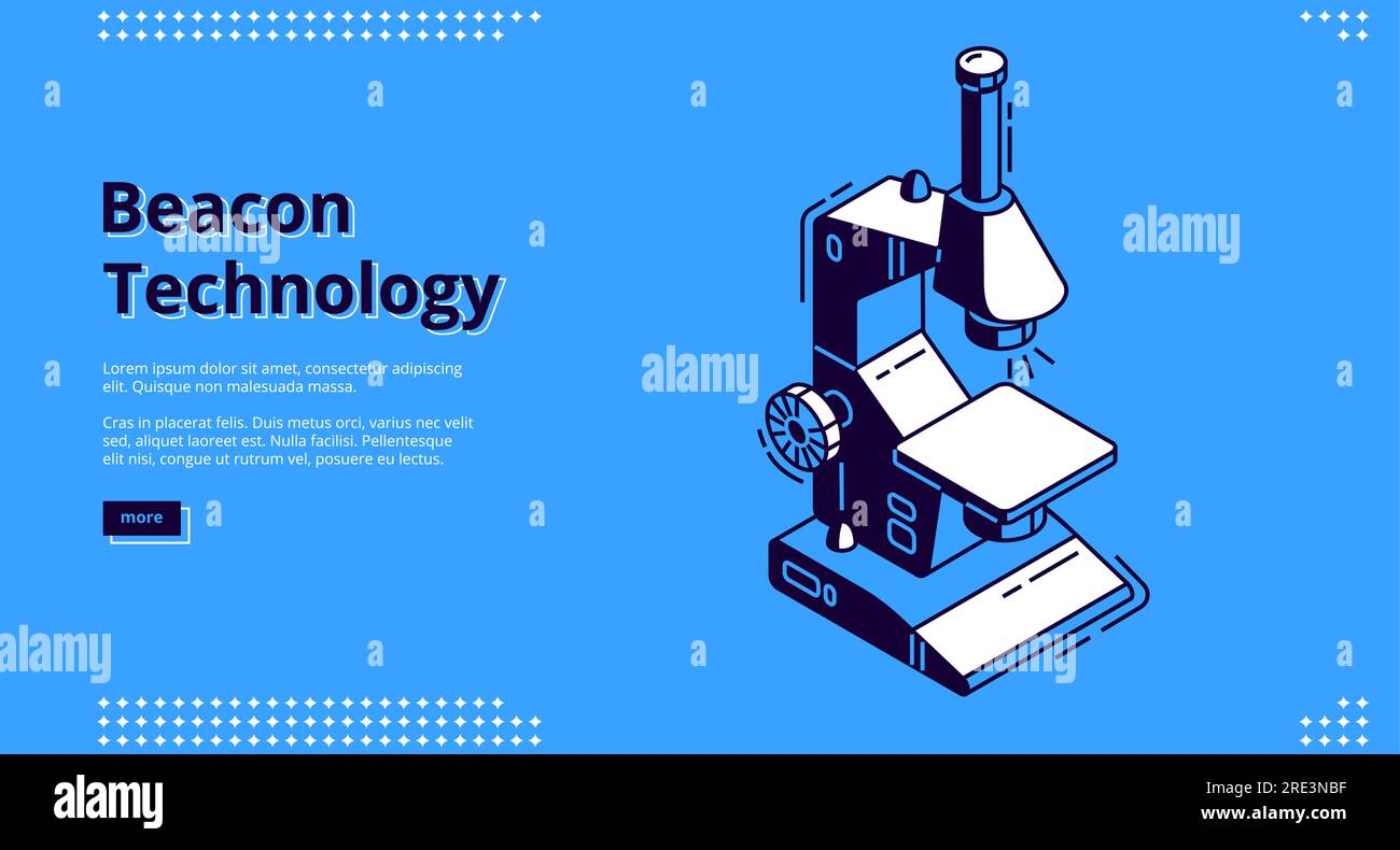 Beacon technology isometric landing page. Scientific microscope on blue ...