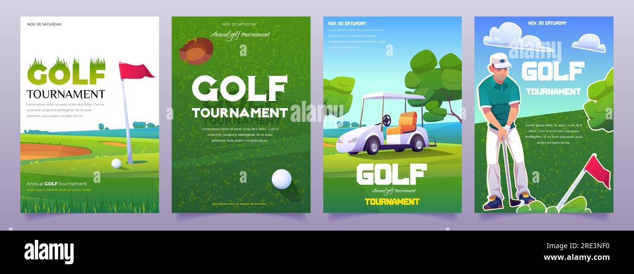 Golf tournament posters with illustration of green course, cart, tee ...