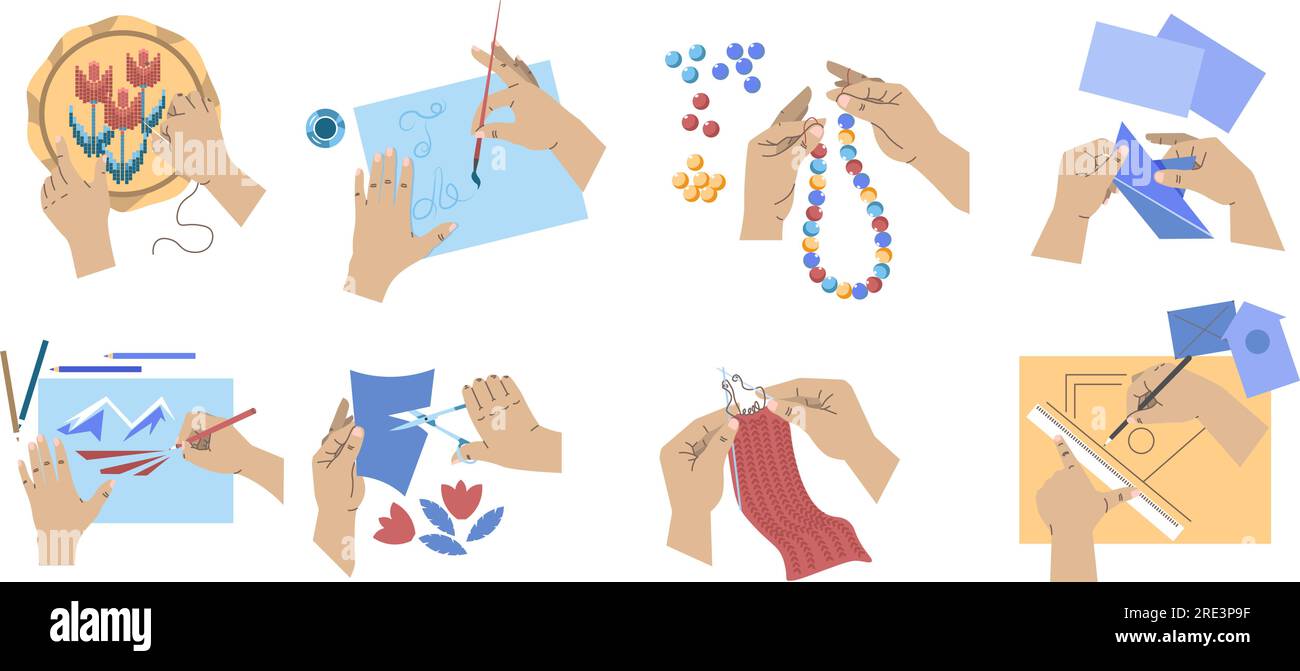 Knitting and embroidery, making application and drawing with colorful ...