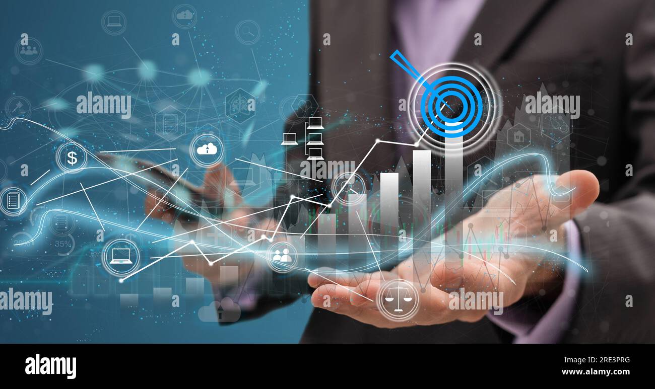 Businessman hand touching arrow virtual screen business graph on the ...