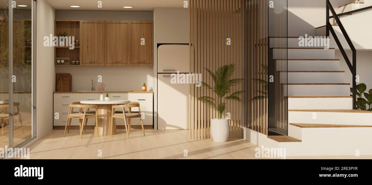 Interior design of a cozy Japanese minimalist kitchen in wood and white ...