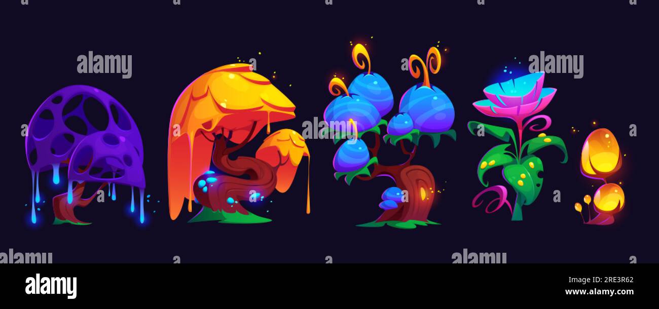 Cartoon set of magic trees and flowers isolated on black background ...