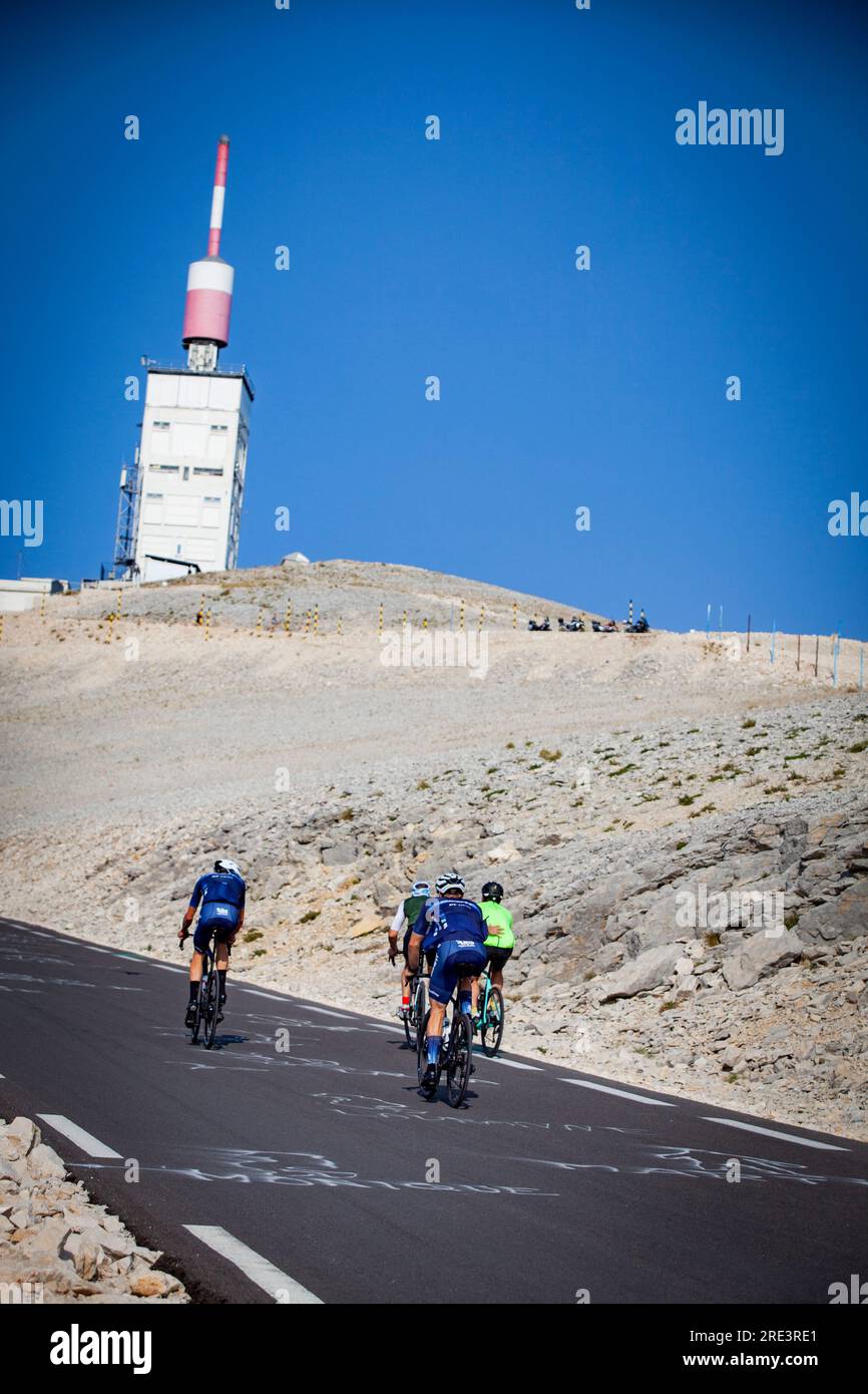 Mont Ventoux, France. 22nd July, 2023. Cyclists climb Mont Ventoux ...