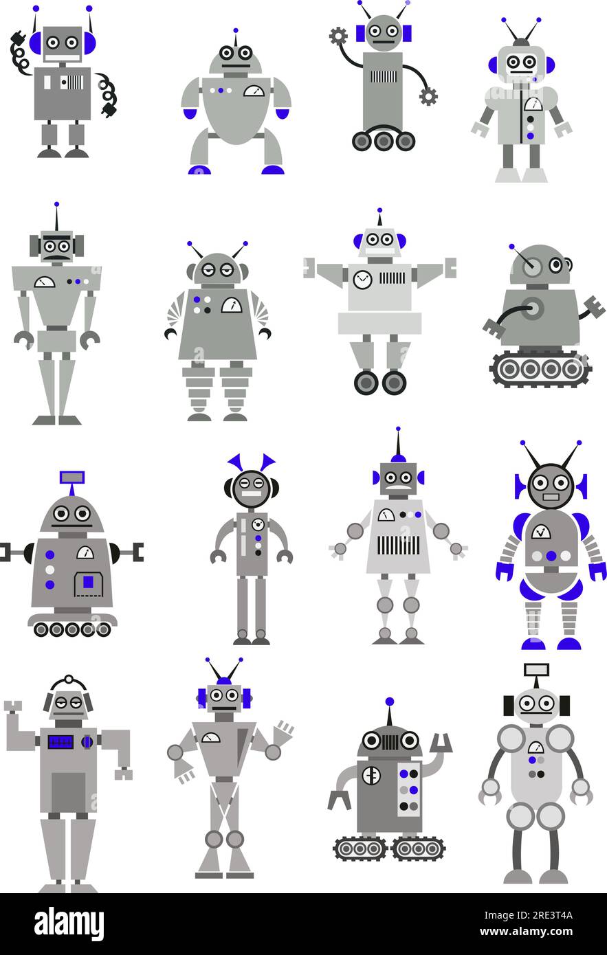 Large black , grey and white vector set of toy robots or aliens ...