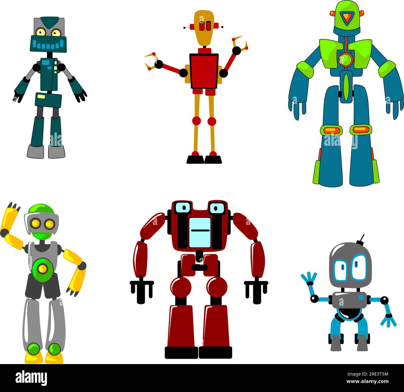 Six colorful funny cartoon robots, virtual agents with artificial ...