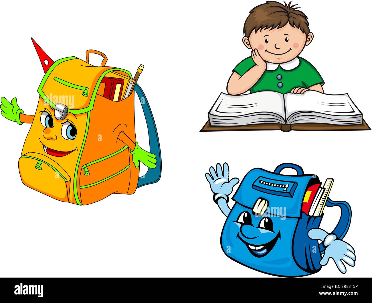 Set of colorful vector school education icons with a young boy sitting ...