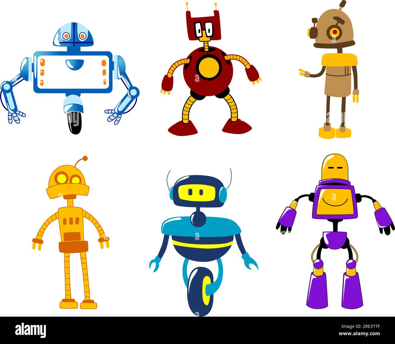 Set of six different cute colorful retro robot toys for kids, vector ...