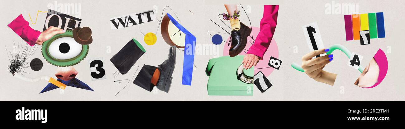 Creative art collage of time management. Morning routine. Prepare for ...