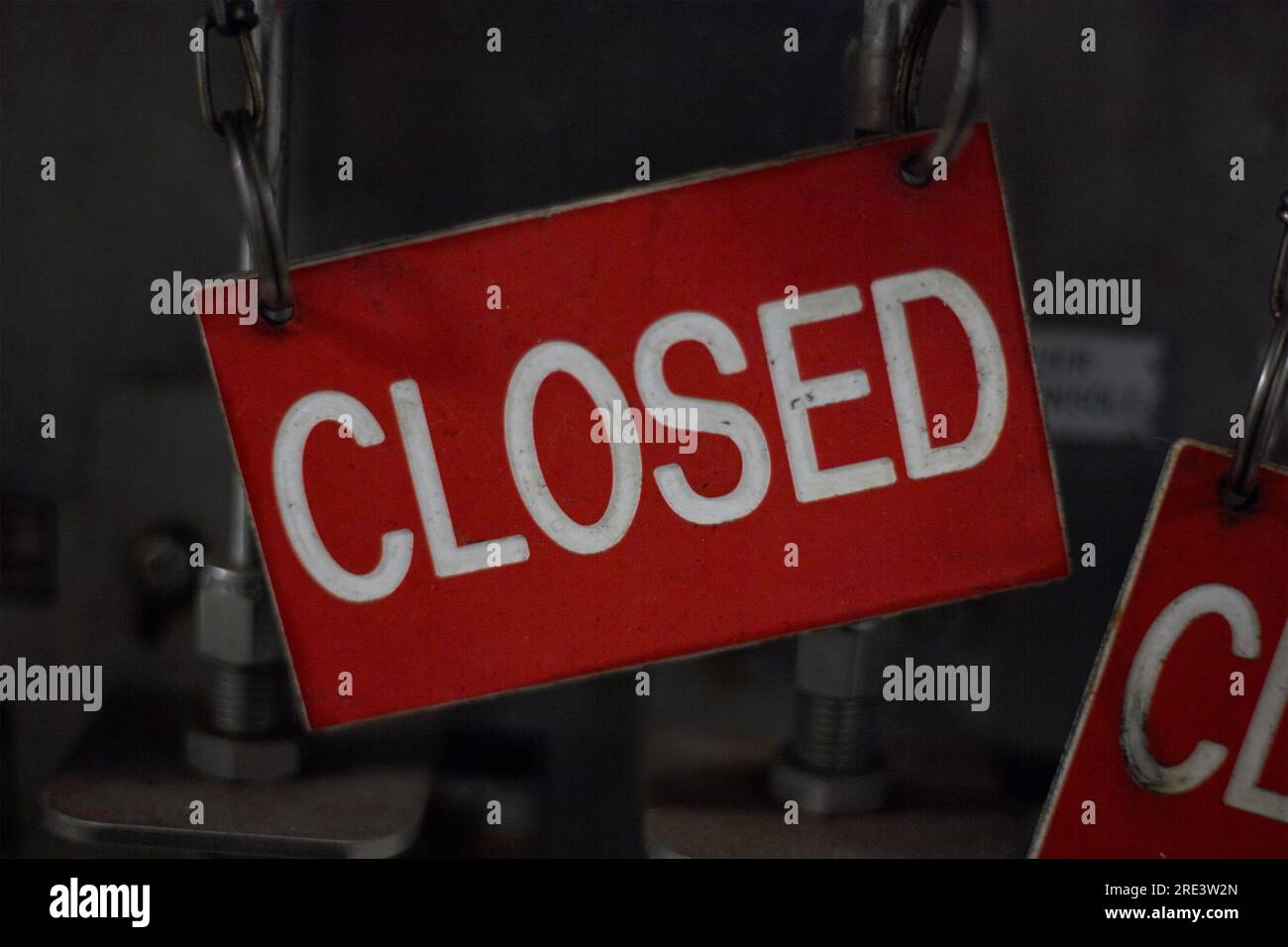 Red rusty closed sign. Offshore industry hanging closed sign with steel ...