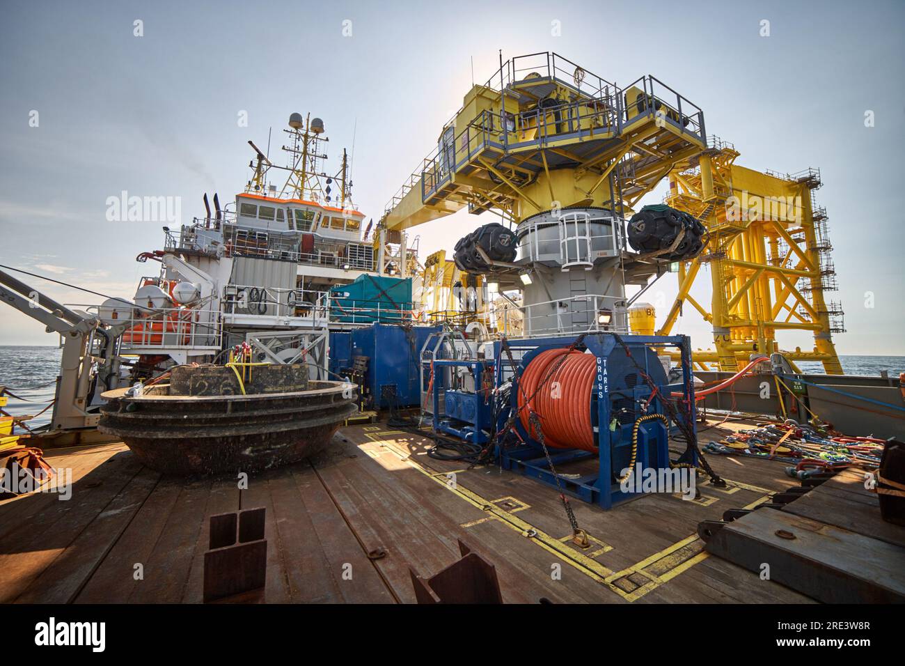 View of divers support and construction vessel's deck in the process of installation of steel ...