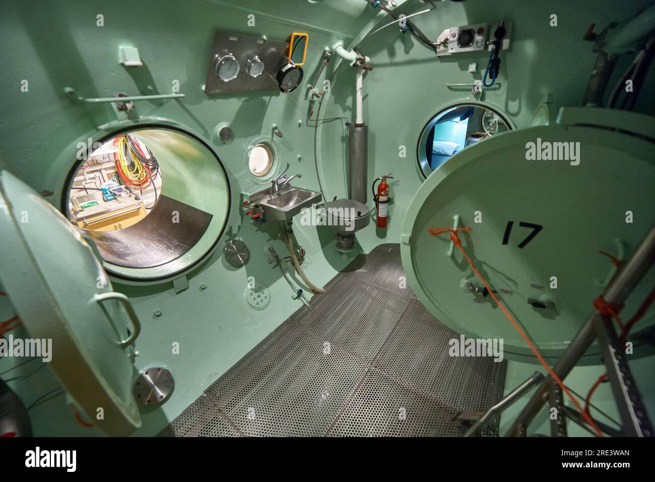 View of toilet arrangements inside the divers decompression chamber ...