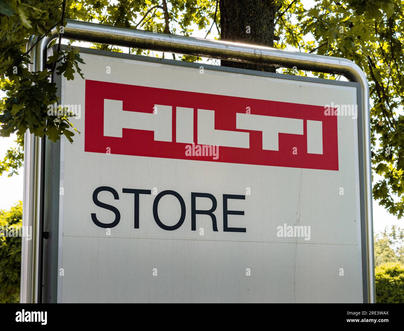 Hilti store logo sign at the entrance. The company from Liechtenstein manufactures products for ...