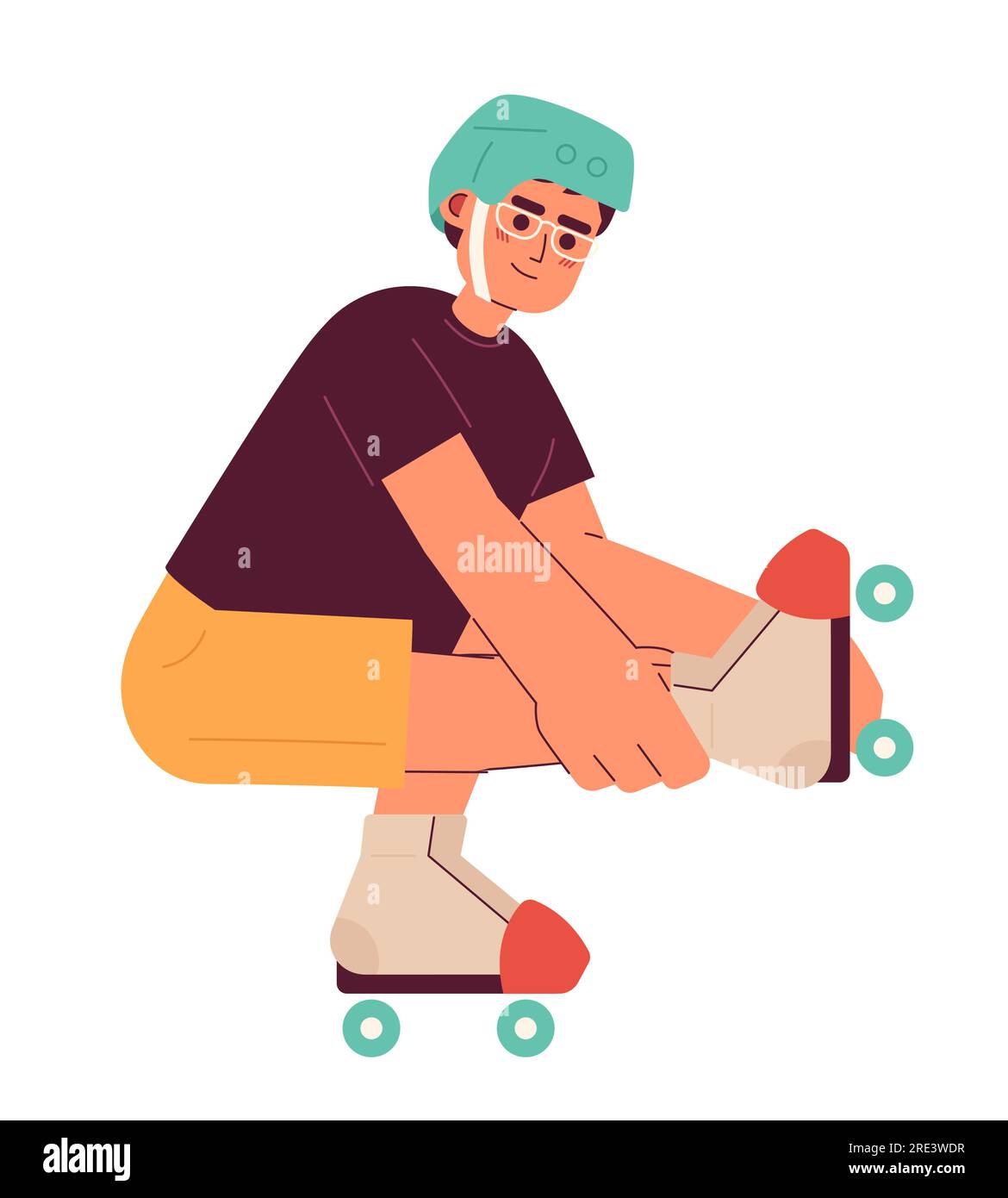 Asian guy play trick on roller skate semi flat color vector character ...