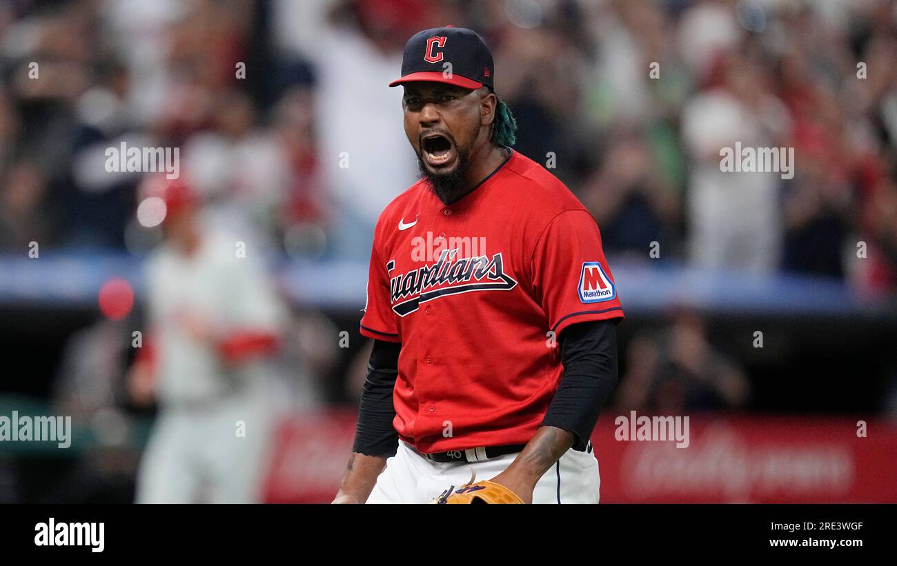 Cleveland Guardians relief pitcher Emmanuel Clase reacts as the ...