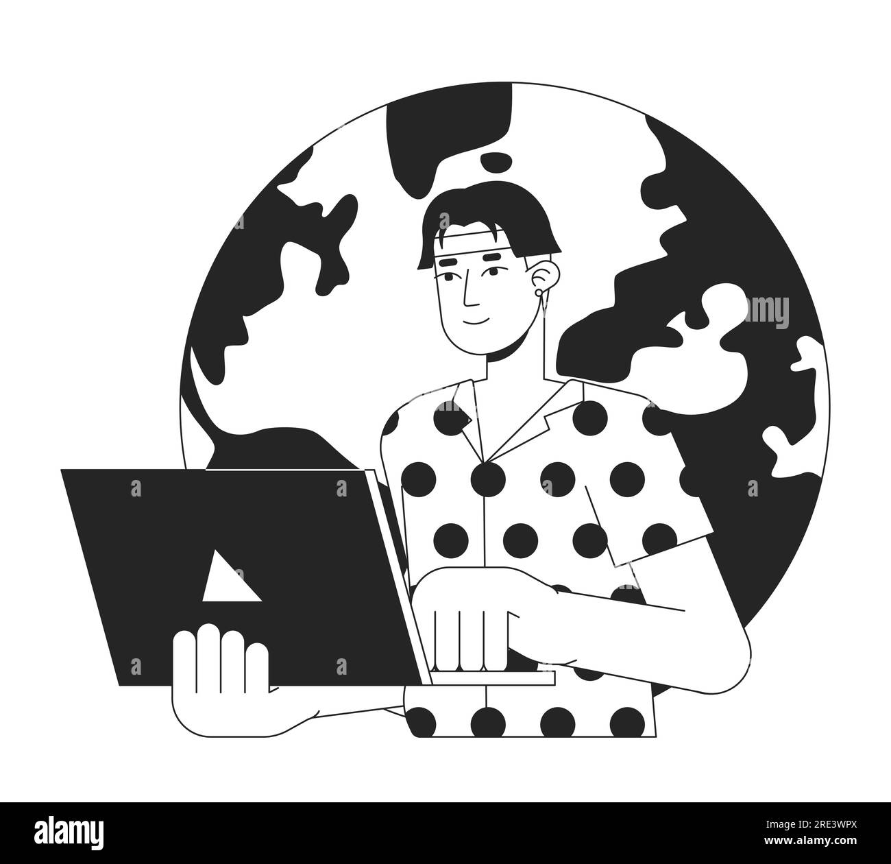 Handsome asian man typing on laptop bw concept vector spot illustration ...