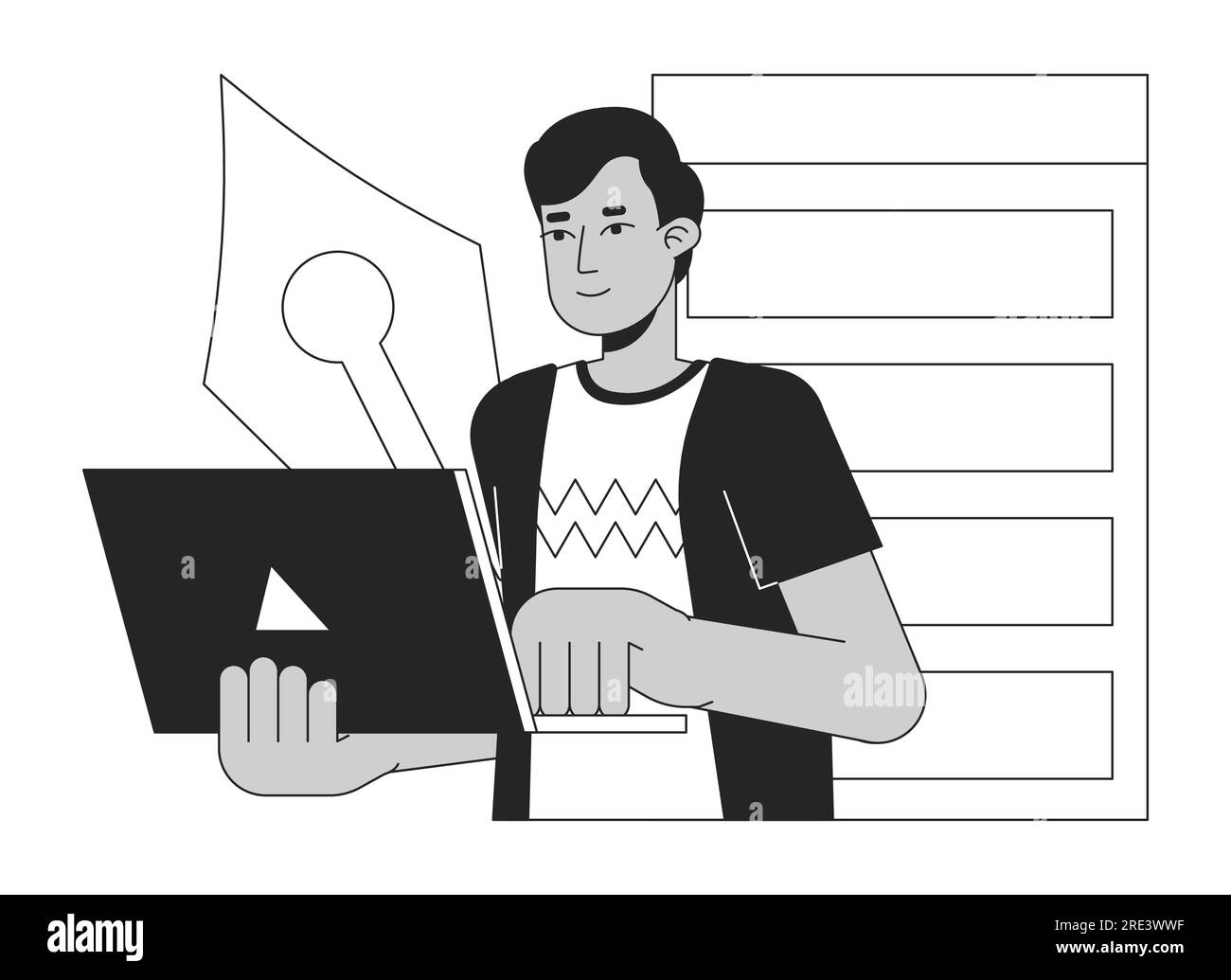 Handsome indian man typing on laptop bw concept vector spot ...