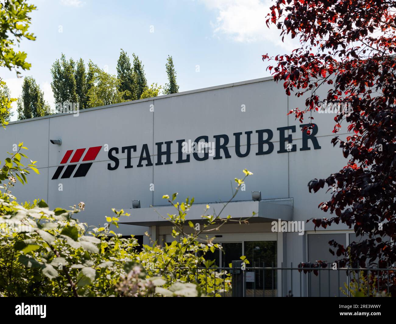 Stahlgruber logo sign on a buidling facade. The business is a supplier ...