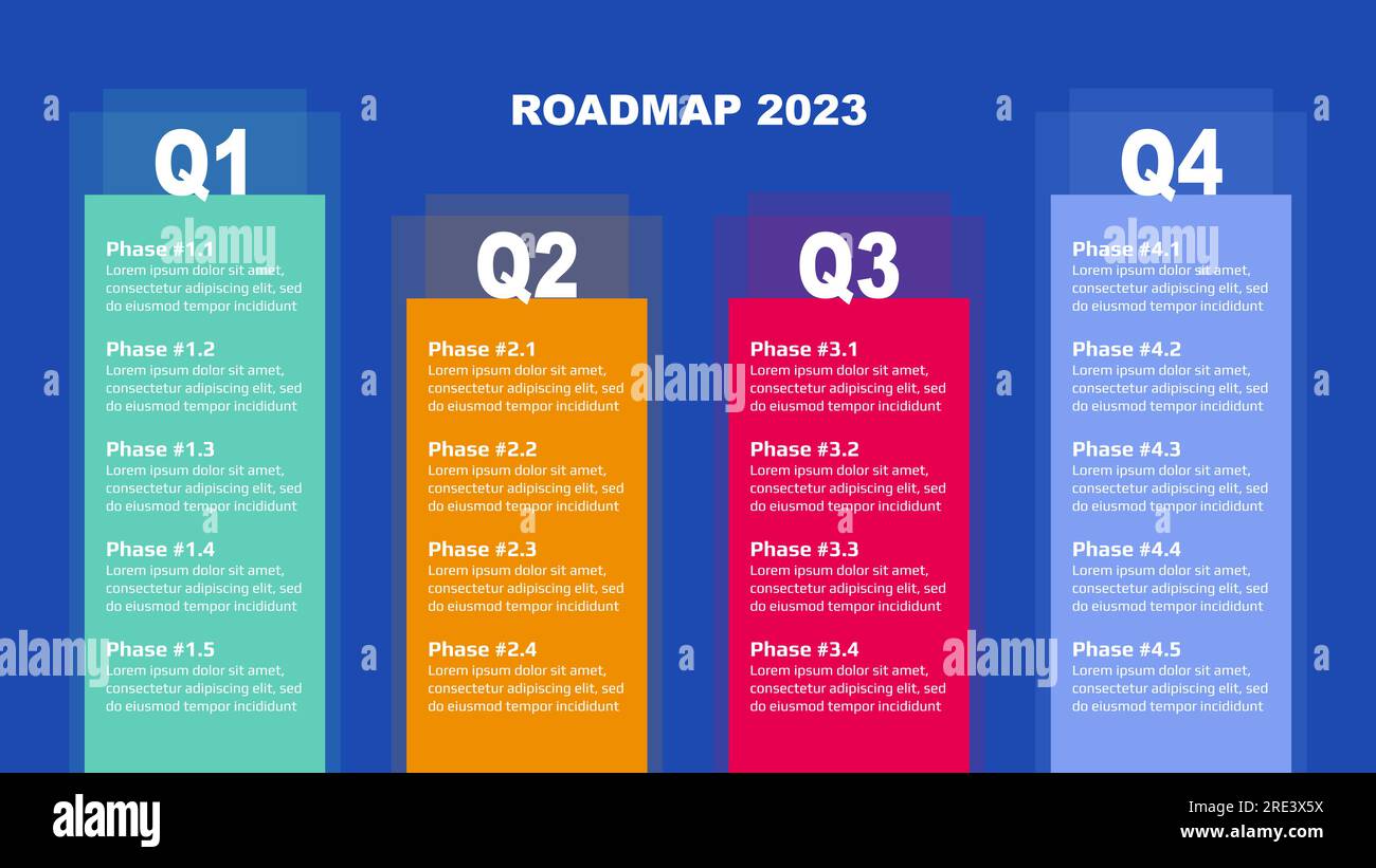 Blue modular geometric roadmap with four colorful columns. Timeline ...