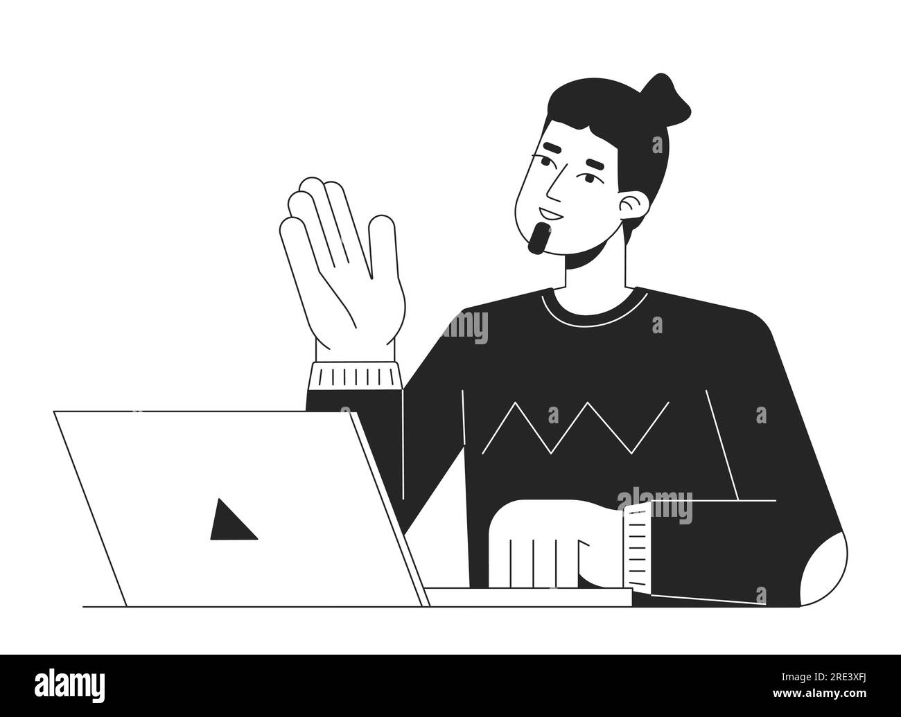 Caucasian man talking with laptop flat line black white vector ...
