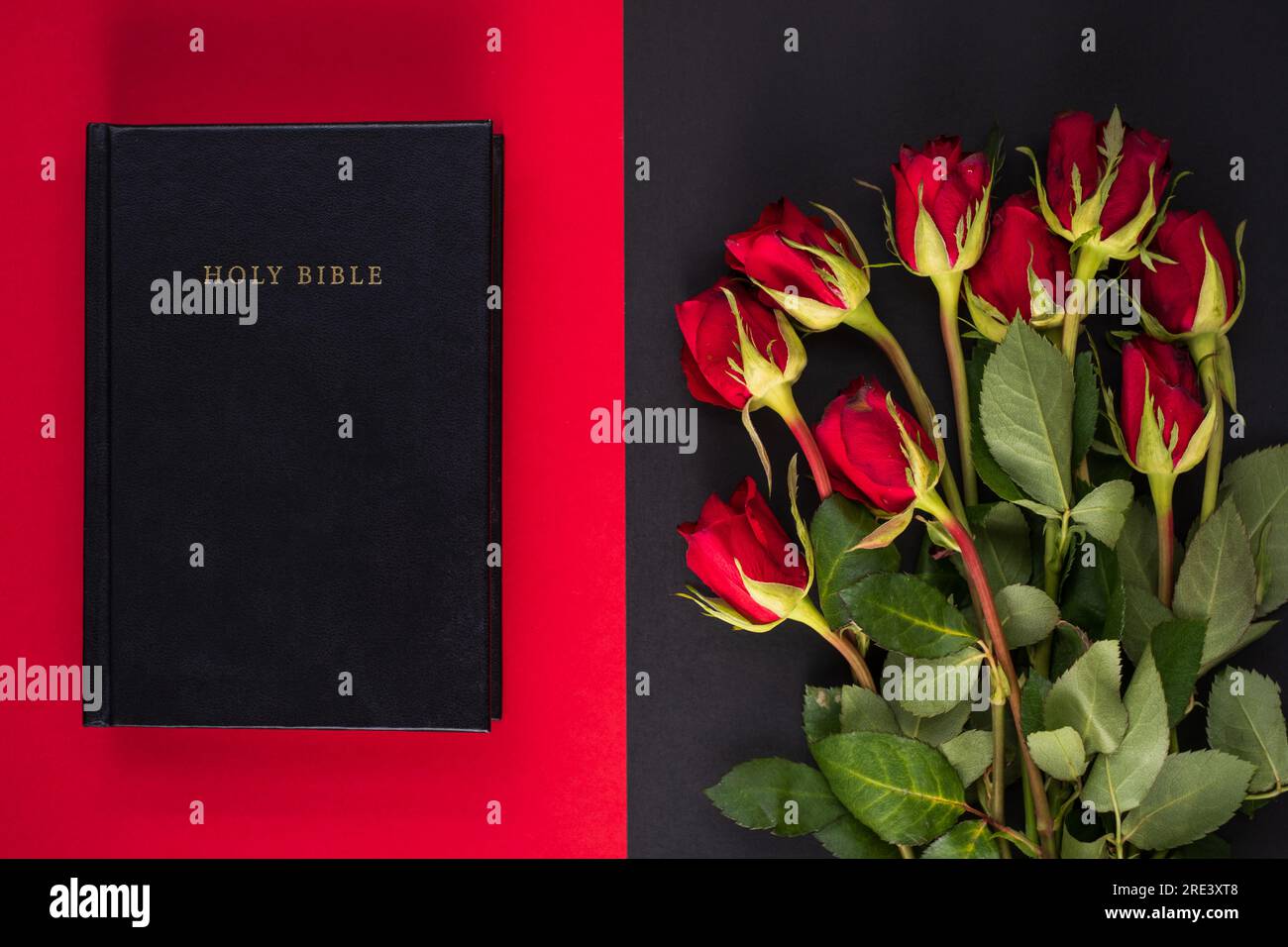 Holy Bible and red roses on the black and red background. Christian ...
