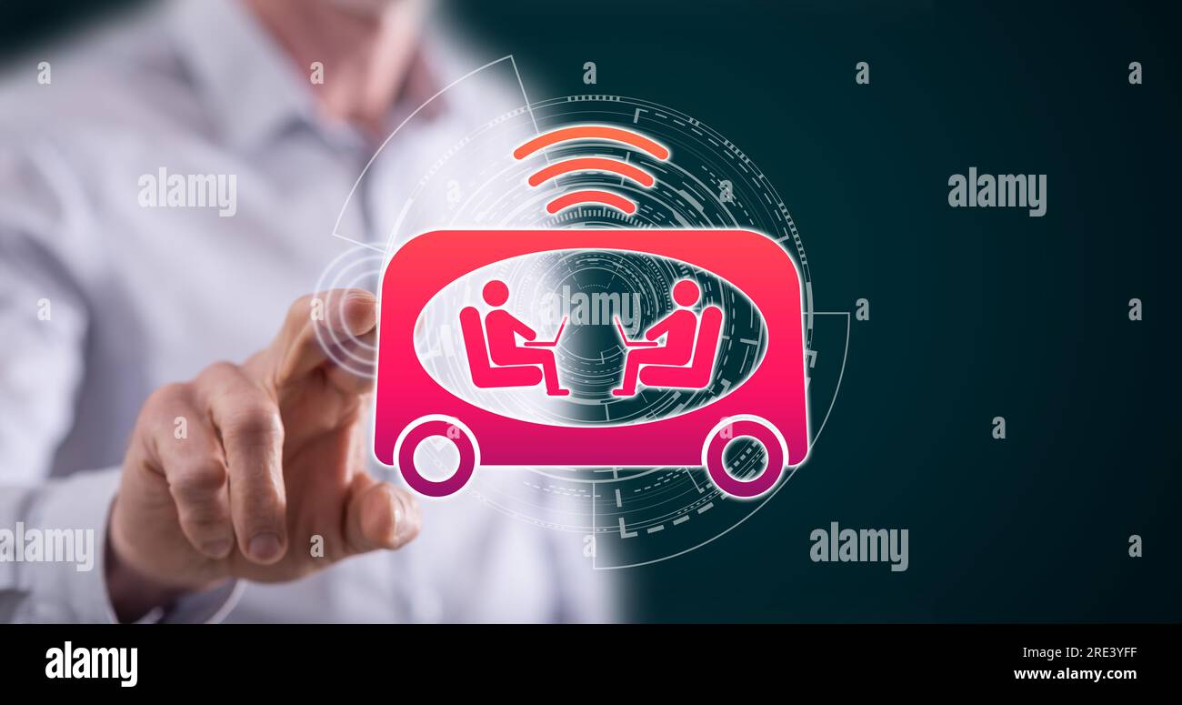 Man touching a self-driving car concept on a touch screen with his ...