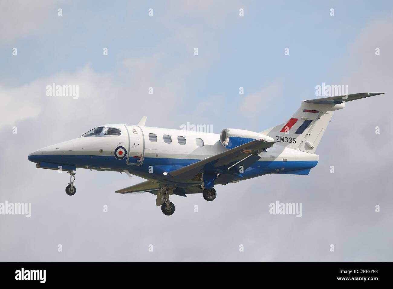 Fairford, UK. 12th July, 2023. RAF Embraer Phenom 100 ZM335 arrives for ...