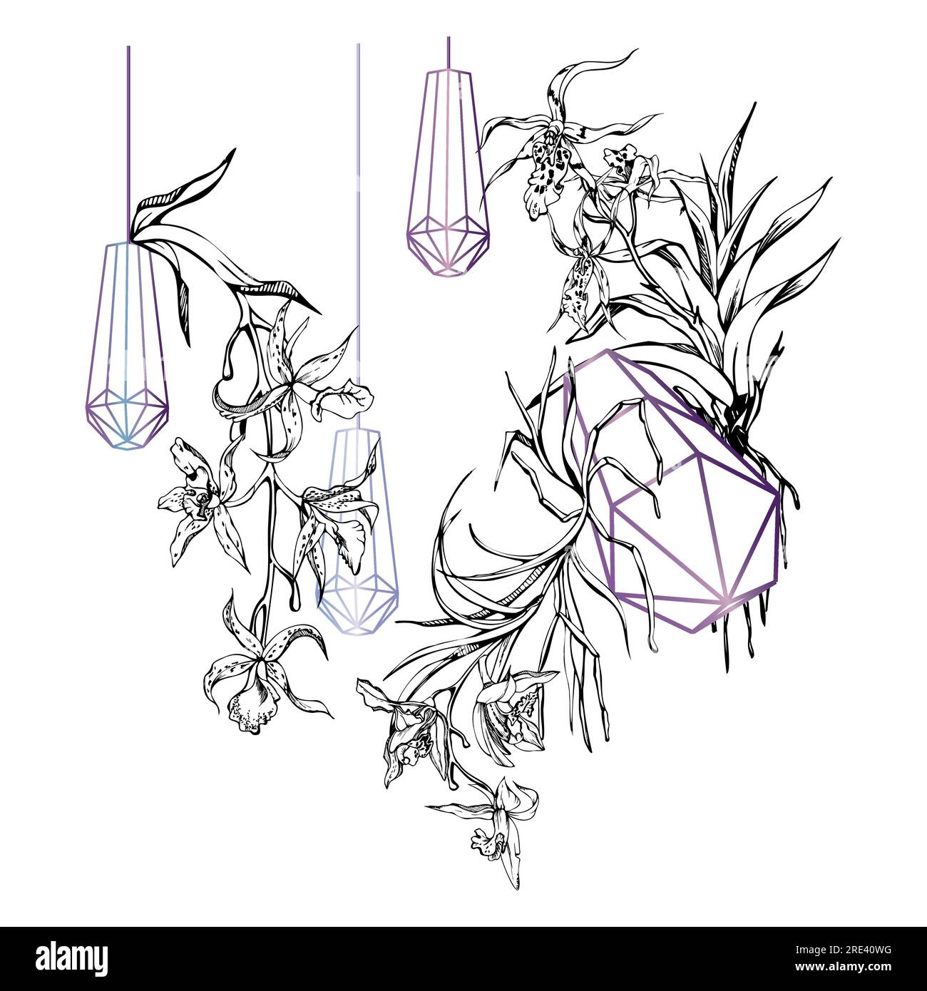 Hand drawn vector ink orchid flowers and branches, monochrome, detailed ...