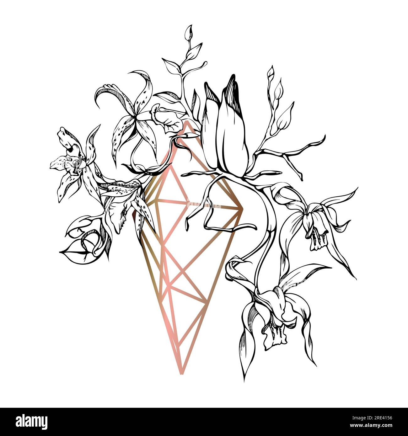 Hand drawn vector ink orchid flowers and branches, monochrome, detailed ...