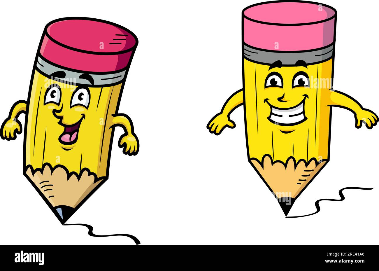 Two happy pencils with colorful pink rubbers and grinning smiles ...