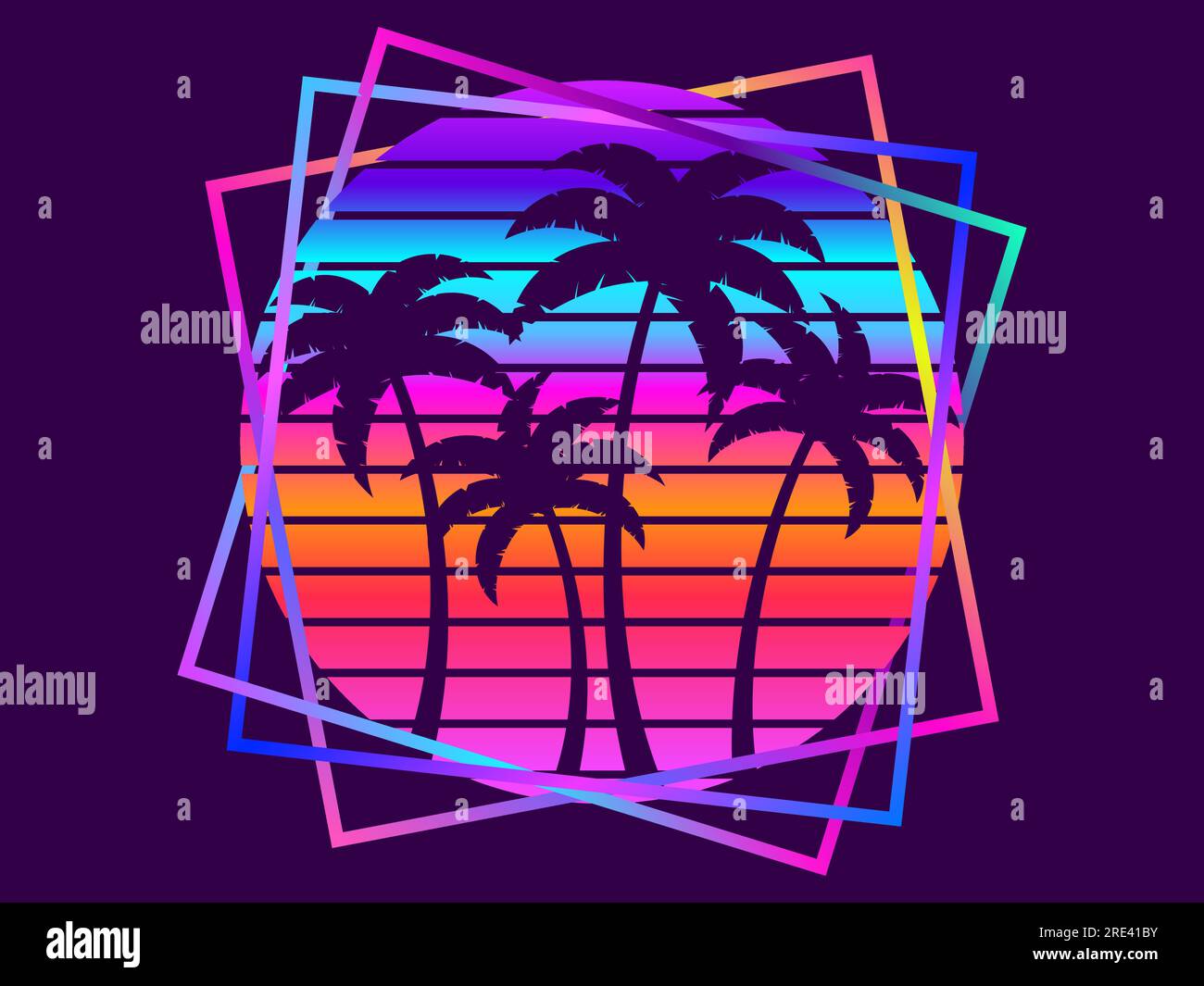 Retro sci-fi palm trees from the 80s at sunset in a square frame. Retro ...