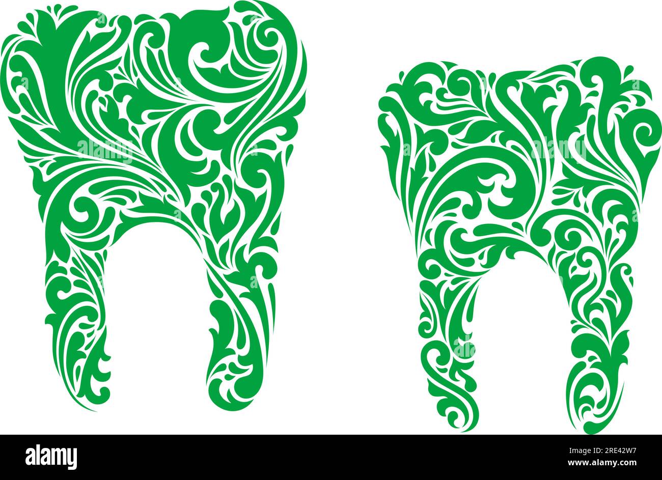 Two different vector cartoon decorative teeth with swirling green ...