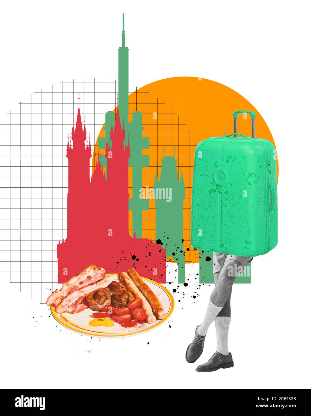 Man travelling to another country, eating english breakfast with eggs ...