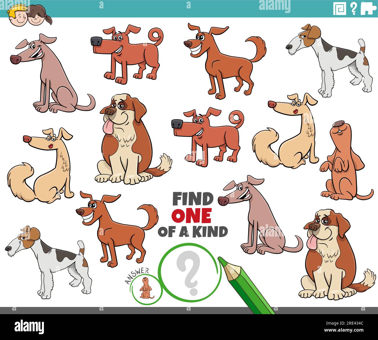 Cartoon illustration of find one of a kind picture educational task ...