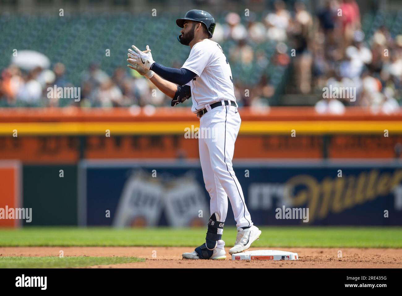 Detroit Tigers center fielder Riley Greene (31) hits a double in the ...