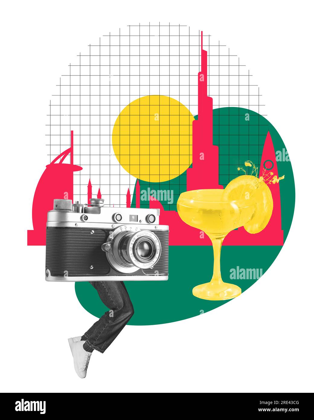 Person headed with vintage camera travelling, drinking cocktails ...