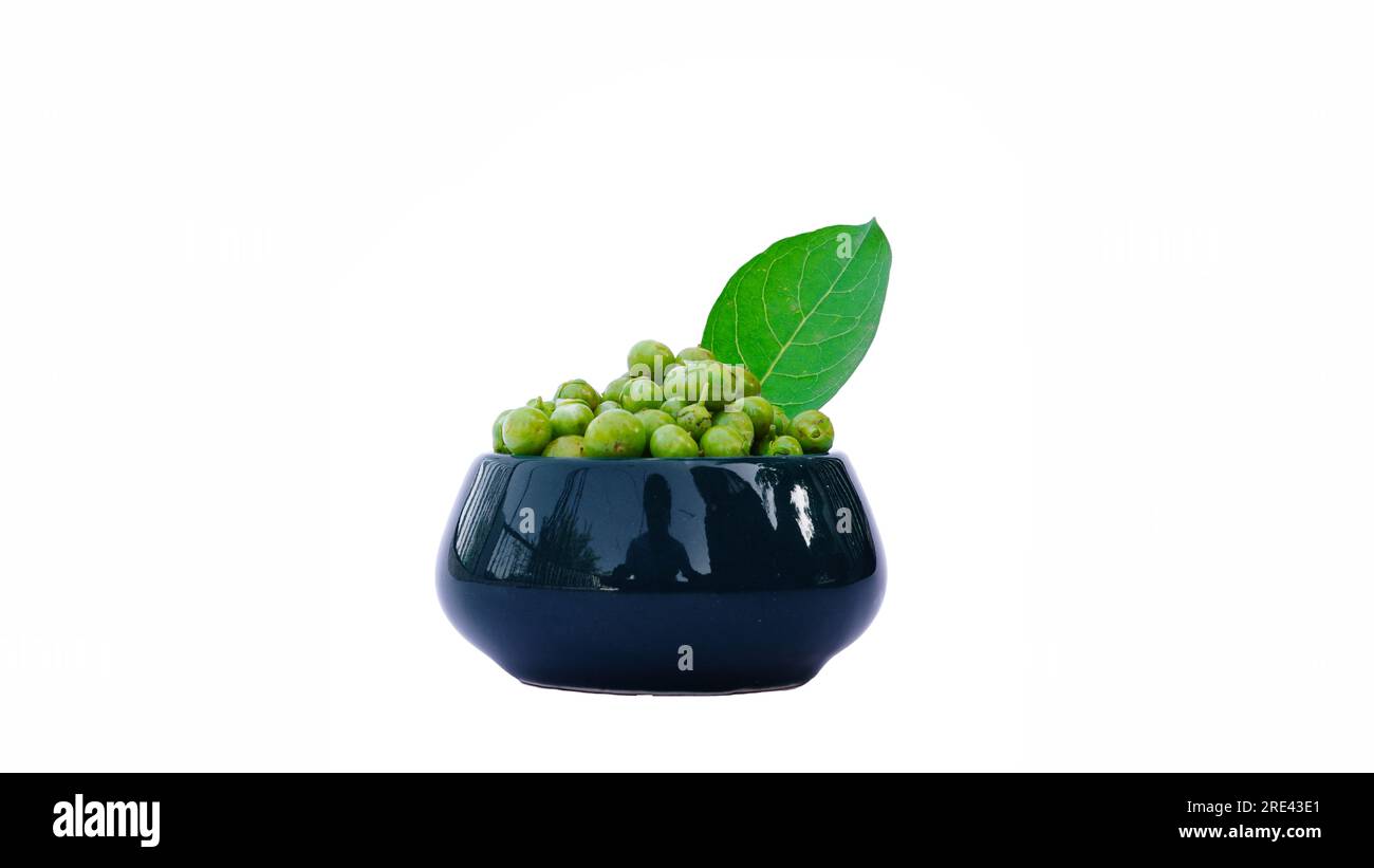 Fruits and leaves of henna plant, Lawsonia inermis raw fruits in a bowl ...