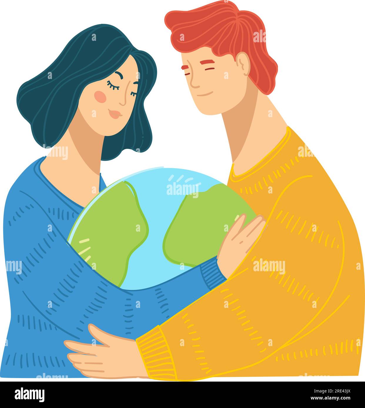 People caring and protecting nature of planet, man and woman holding and embracing model of ...