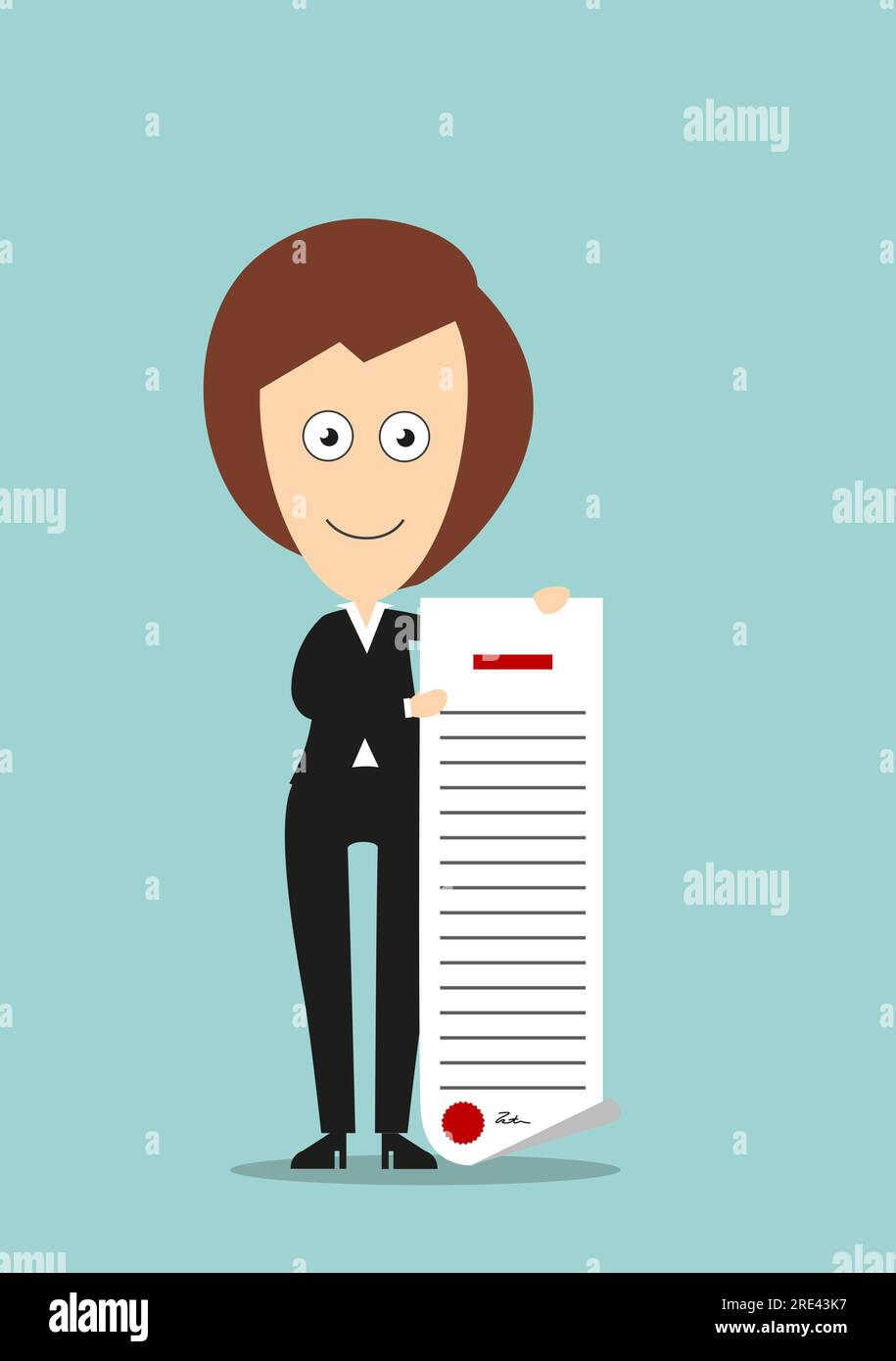 Happy business woman in black suit proudly showing certificate or ...
