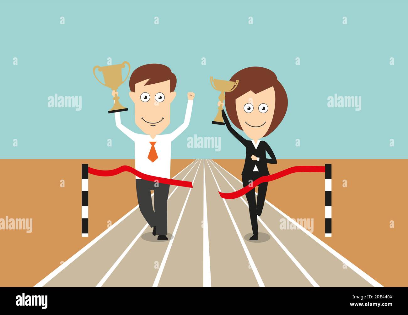 Business team crossing finish line first with raised trophy cups ...