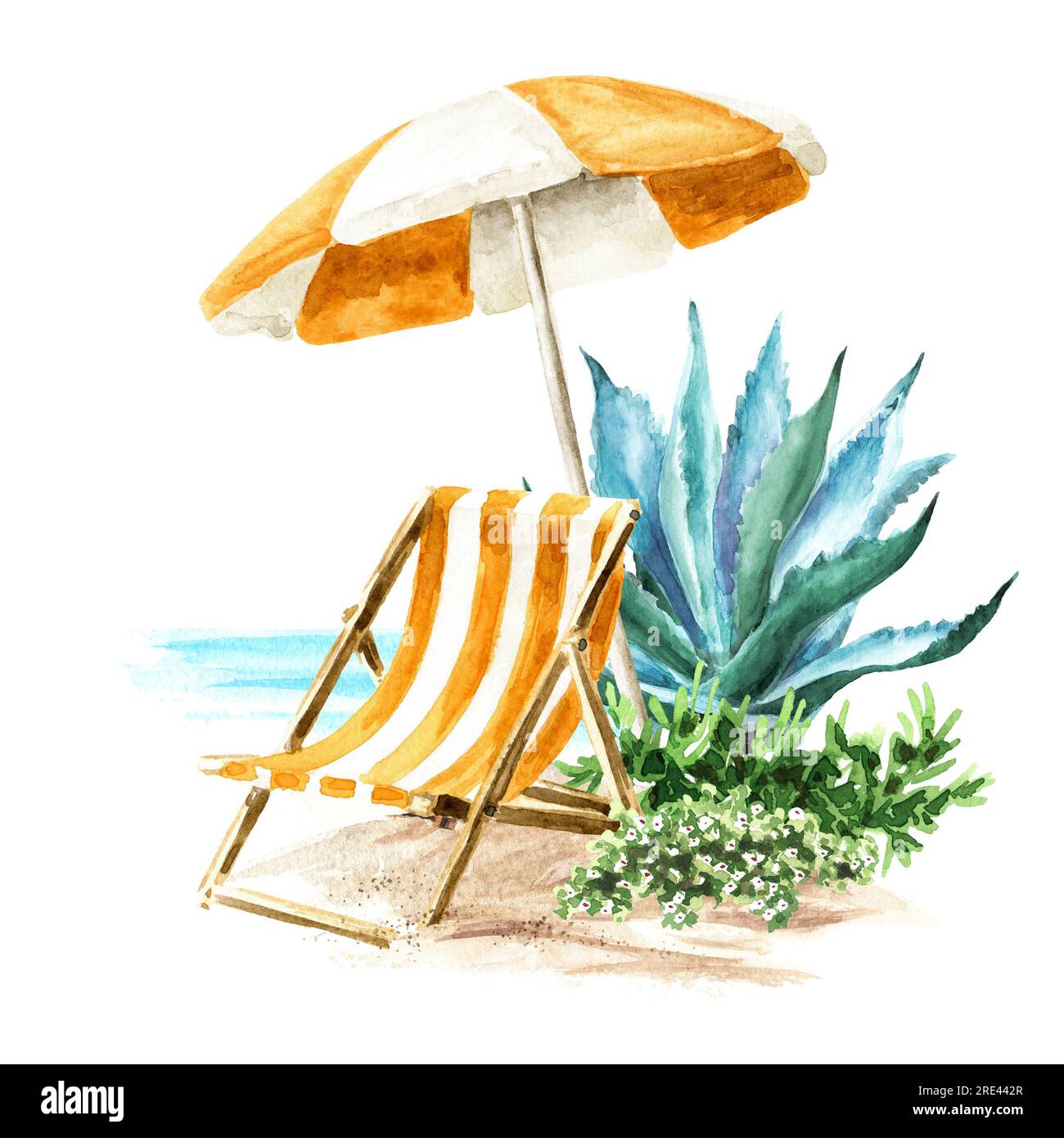 Beach chair and umbrella parasol on the sand near the sea. Summer ...