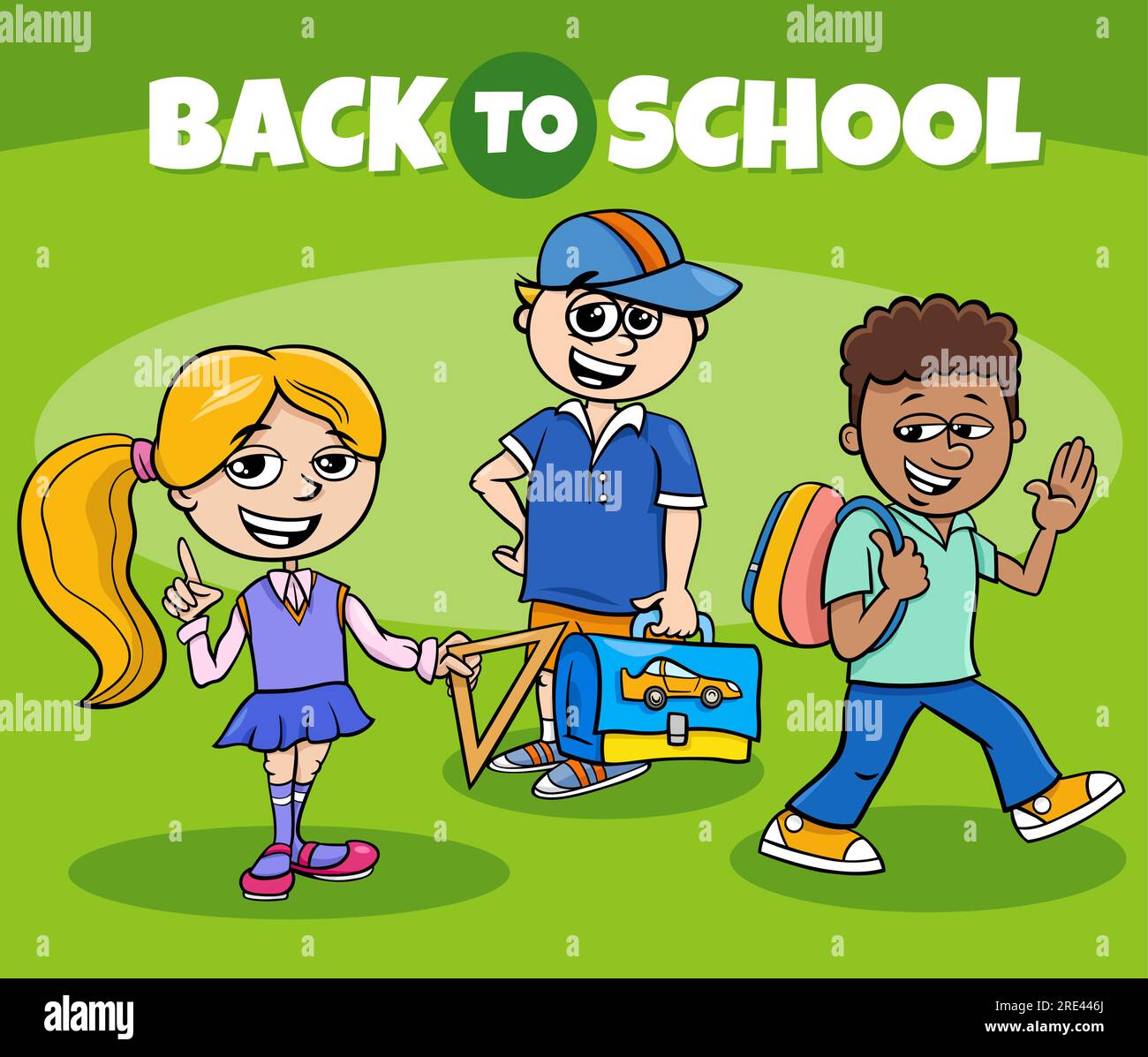 Cartoon illustration of elementary age children characters with Back to ...
