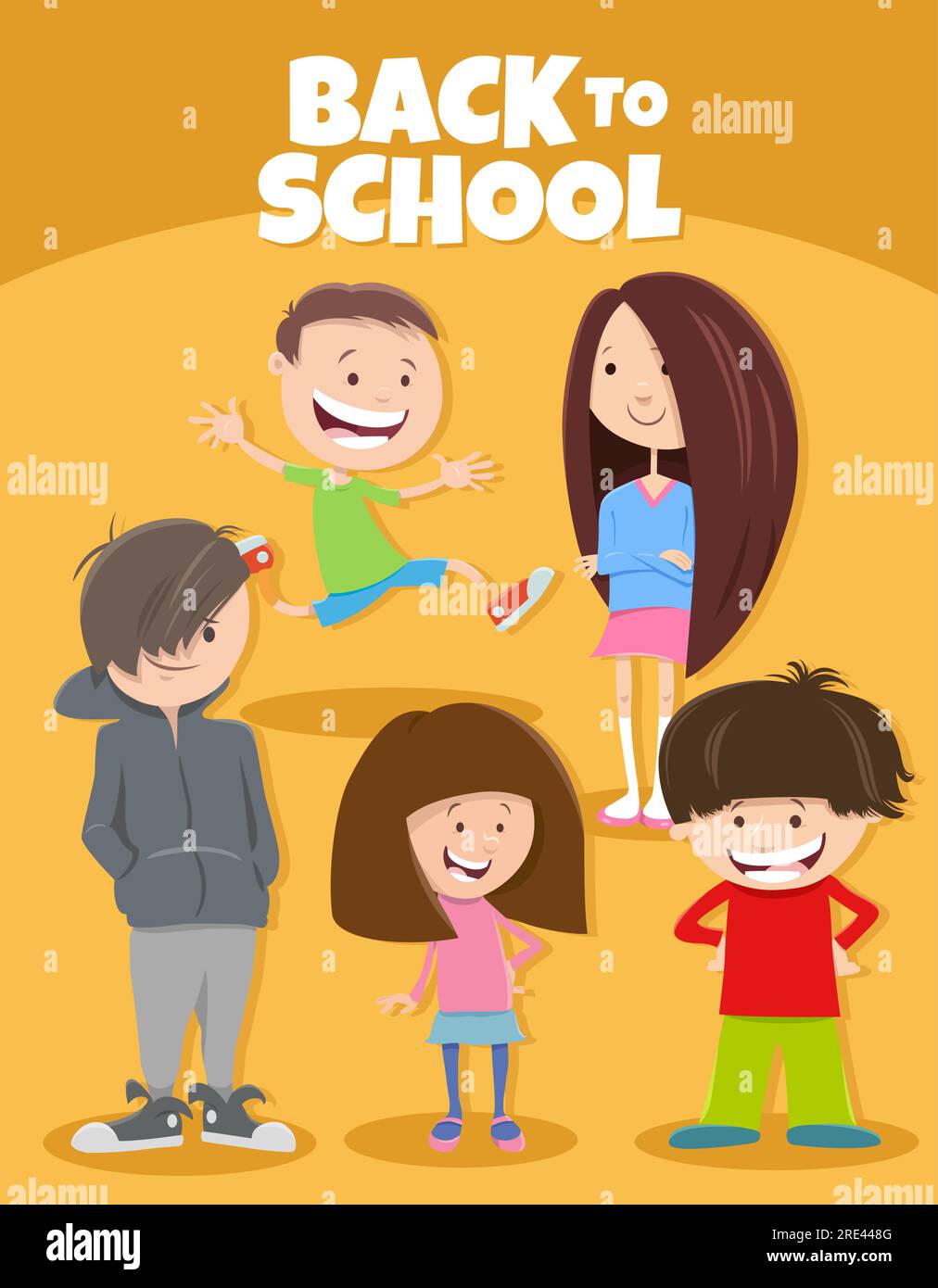 Cartoon illustration of funny elementary age children characters with ...